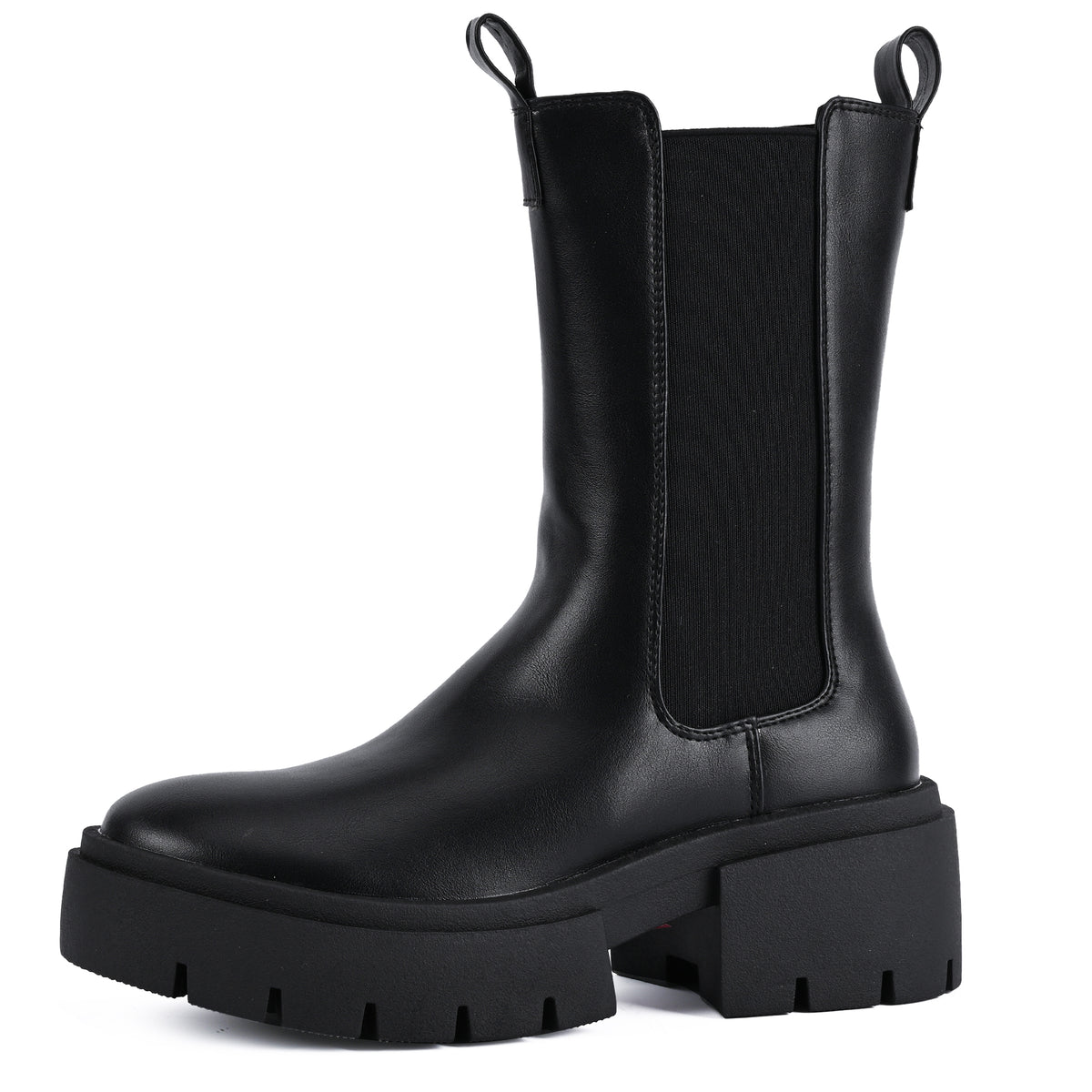 Chunky Chelsea Boots for Women Mid Calf Black Platform Faux Leather ...